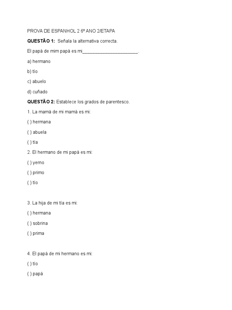 Prova de Espanhol 2 6º Ano 2-Etapa | PDF | Verbo | Gramática