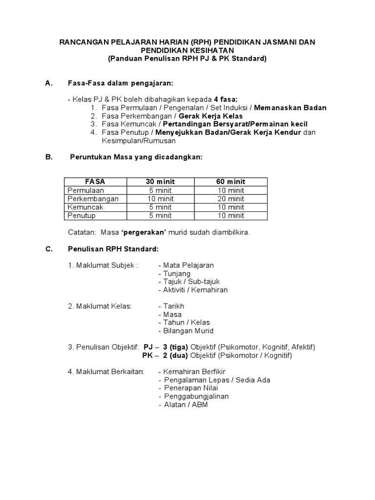 Panduan Penulisan RPH PJ Dan PK Standard | PDF