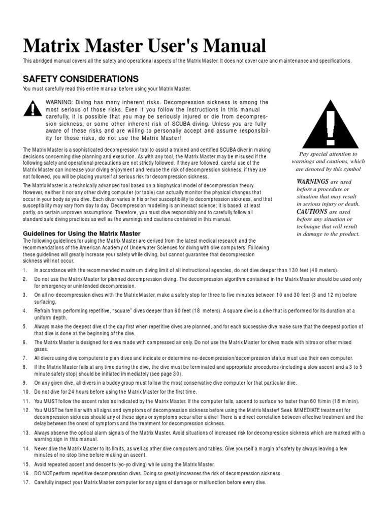 Matrix Master User's Manual: Safety Considerations | PDF | Scuba Diving ...