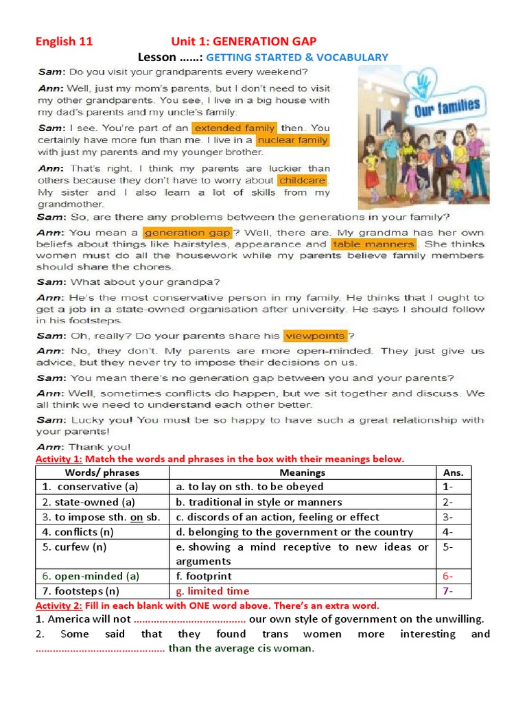 Lesson :: English 11 Unit 1: Generation Gap | PDF | Grandparent | Family