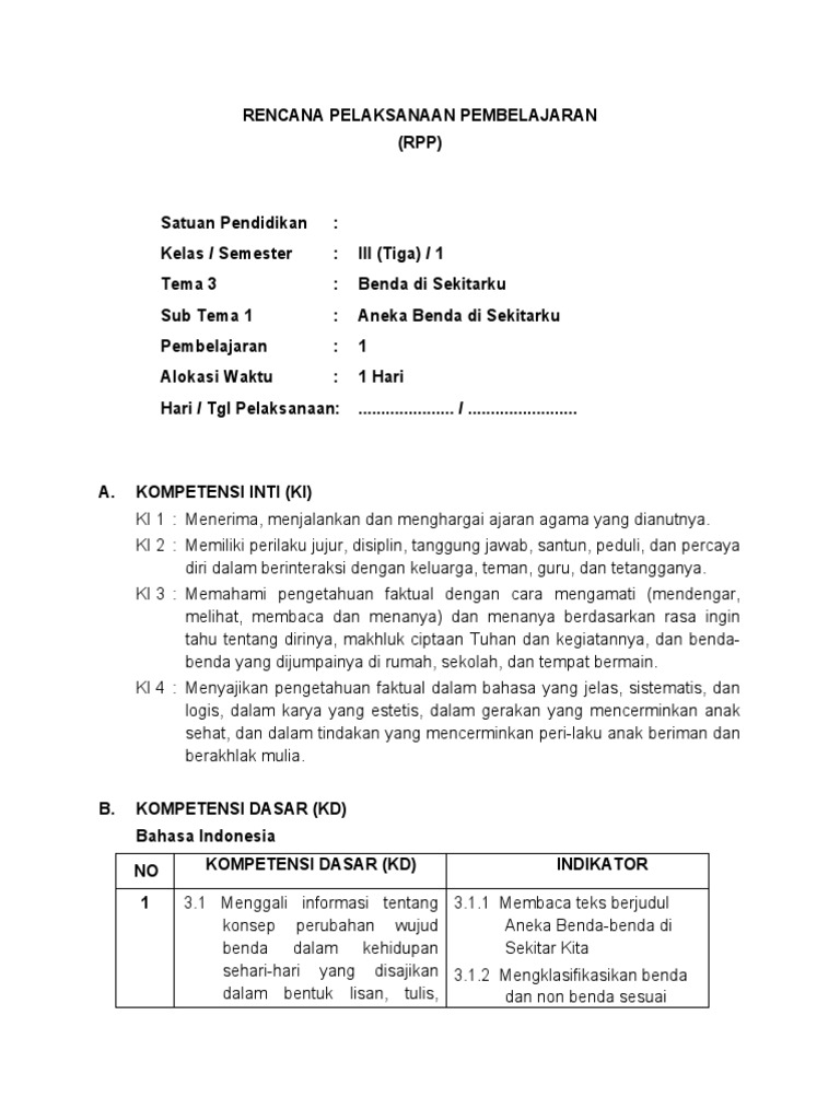 RPP Tema 3 Sub Tema 1 Pembl. 1 Kelas 3 | PDF | Sains & Matematika