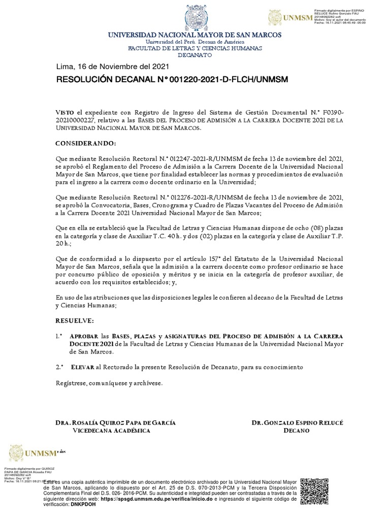Resolución Decanal 001220 2021 D FLCH | PDF