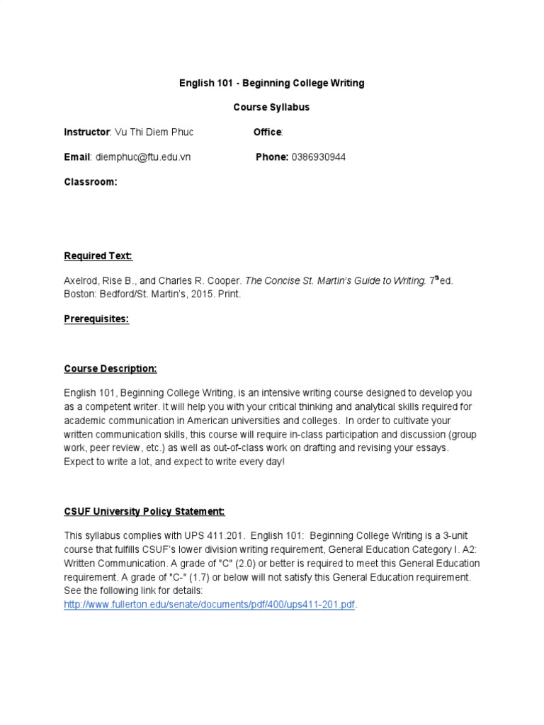 English 101 Course Syllabus | PDF | Essays | Thesis