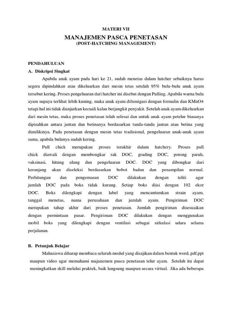 Modul Kuliah Manajemen Breeding 7 Hatchery Ayam Komersial - Materi 7 Manajemen Pasca Penetasan | PDF