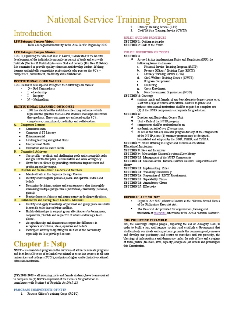 National Service Training Program: Chapter 1: NSTP | PDF | Literacy | Philippines