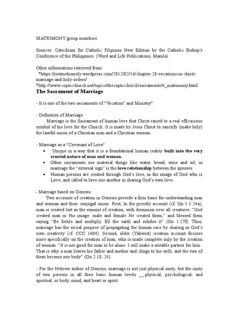 The Sacrament of Marriage: Created Nature of Man and Woman | PDF ...