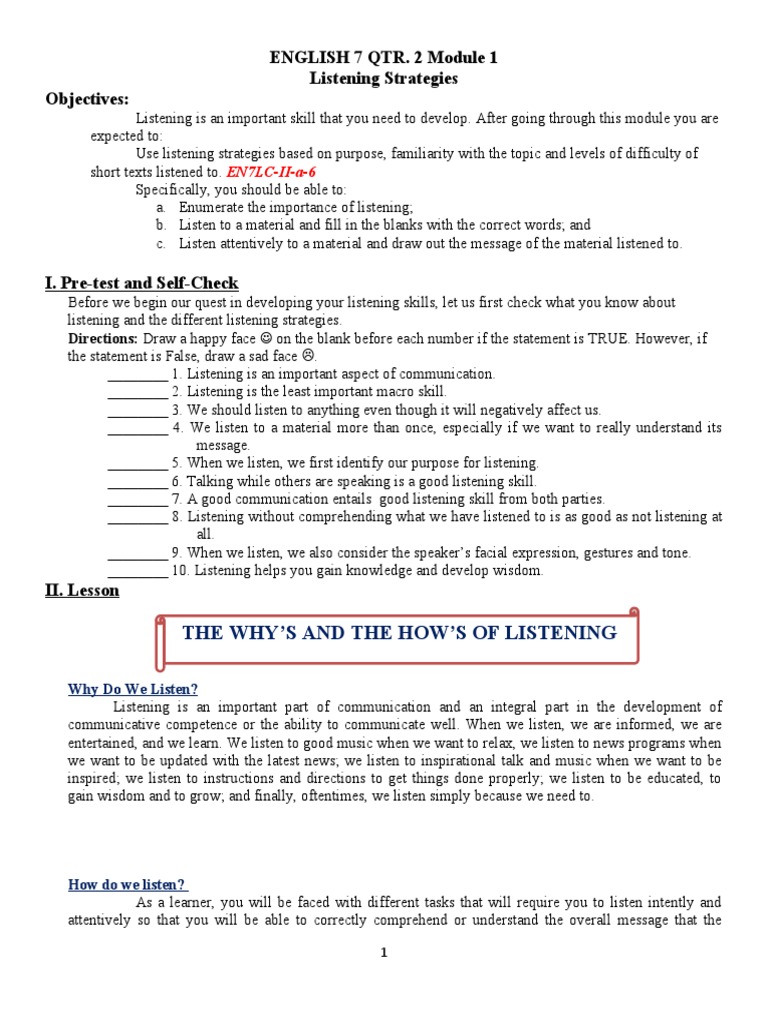 Grade 7 Listening Strategies Module | PDF | Learning | Communication