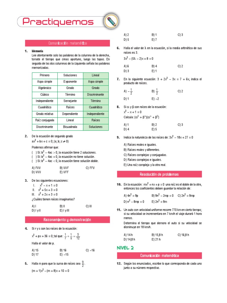 Practica de Algebra-Ecuaciones de Segundo Grado | PDF | Ecuaciones ...