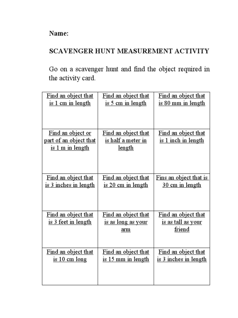 Name: Scavenger Hunt Measurement Activity: Go On A Scavenger Hunt and ...