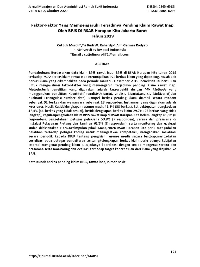 FAKTOR-FAKTOR YANG MEMPENGARUHI TERJADINYA PENDING KLAIM RAWAT INAP DI BPJS DI RSAB HARAPAN KITA ...