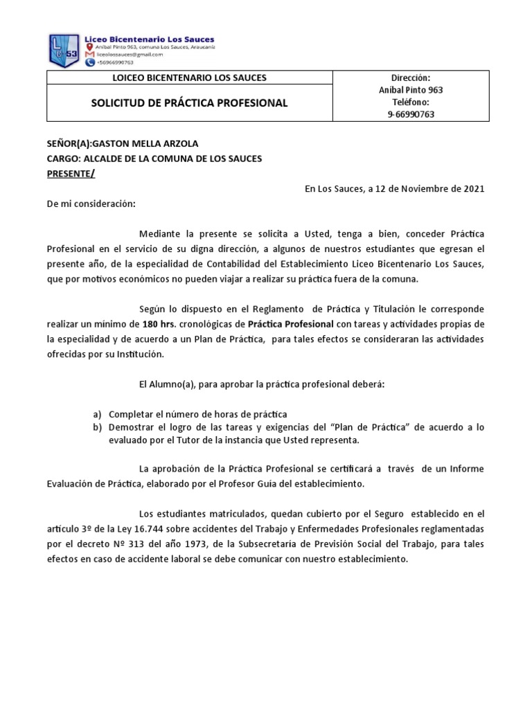 FORMATO SOLICITUD DE PRÁCTICA PROFESIONAL CARTA TIPO XXXXX | PDF