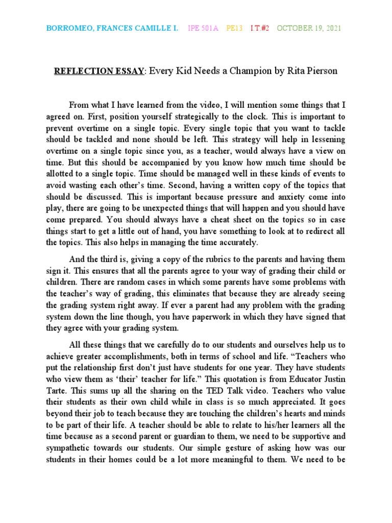 Every Kid Needs A Champion by Rita Pierson: Reflection Essay | PDF ...