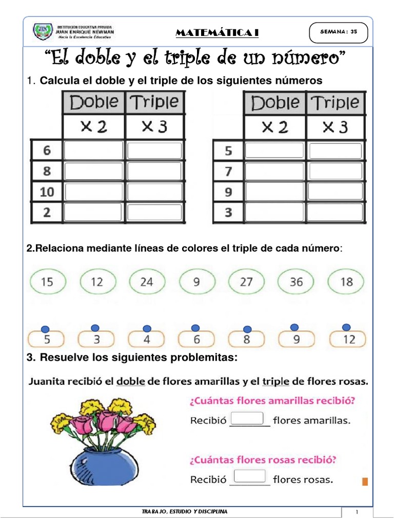 FICHAS DE TRABAJO PARA EL DOBLE Y EL TRIPLE DE UN NÚMERO | PDF