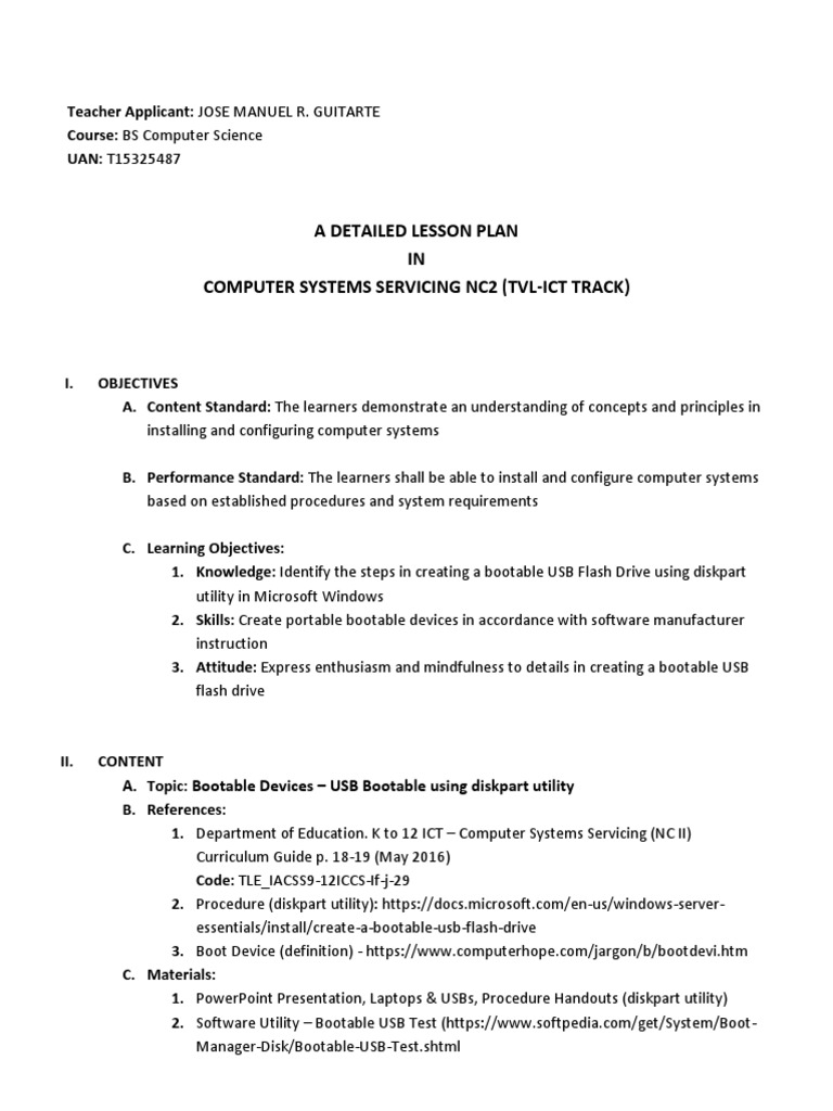 A Detailed Lesson Plan IN Computer Systems Servicing Nc2 (Tvl-Ict Track ...