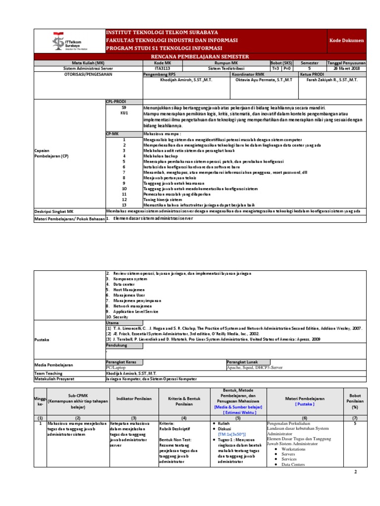Rencana Pembelajaran Sistem Administrasi Server | PDF