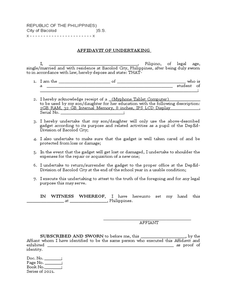 Affidavit of Undertaking DepEd Bacolod | PDF