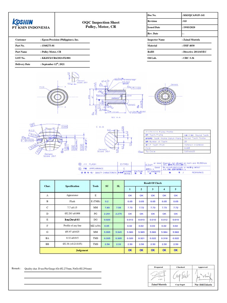OQC Inspection Sheet Pulley, Motor, CR | PDF