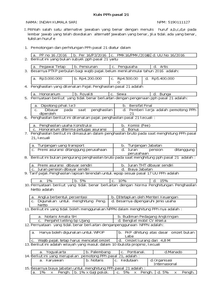 Kuis Prakt Pajak PPH Pasal 21 | PDF | Pengelolaan Keuangan & Uang