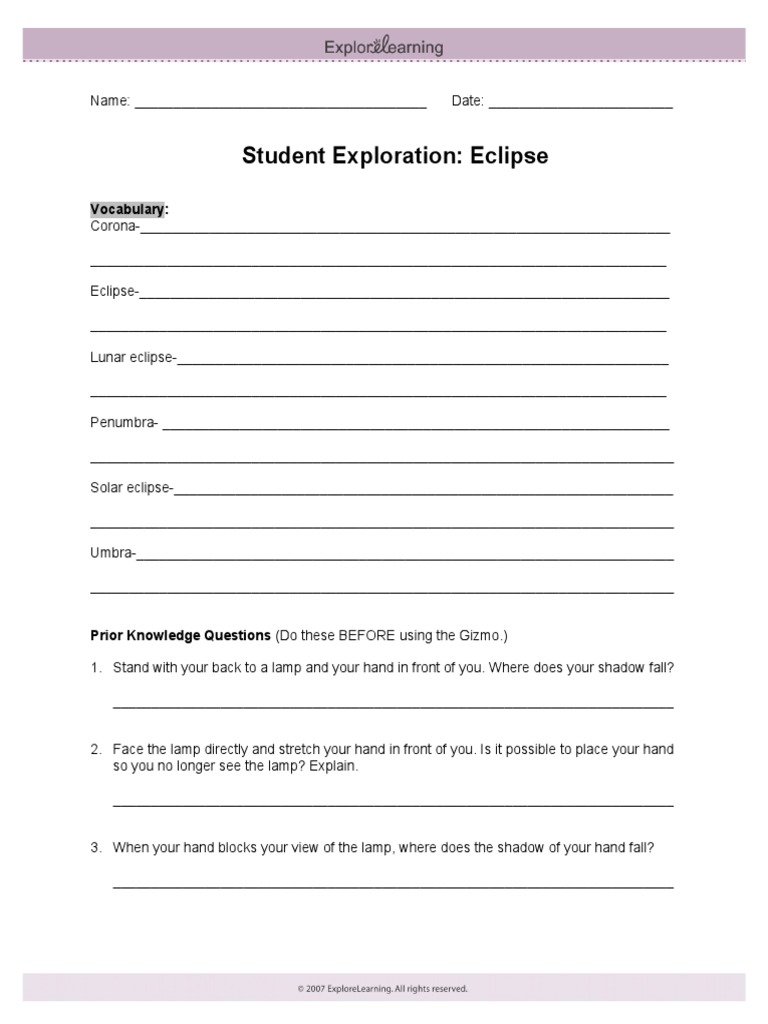 Student Exploration: Eclipse: Vocabulary | PDF | Eclipse | Solar Eclipse