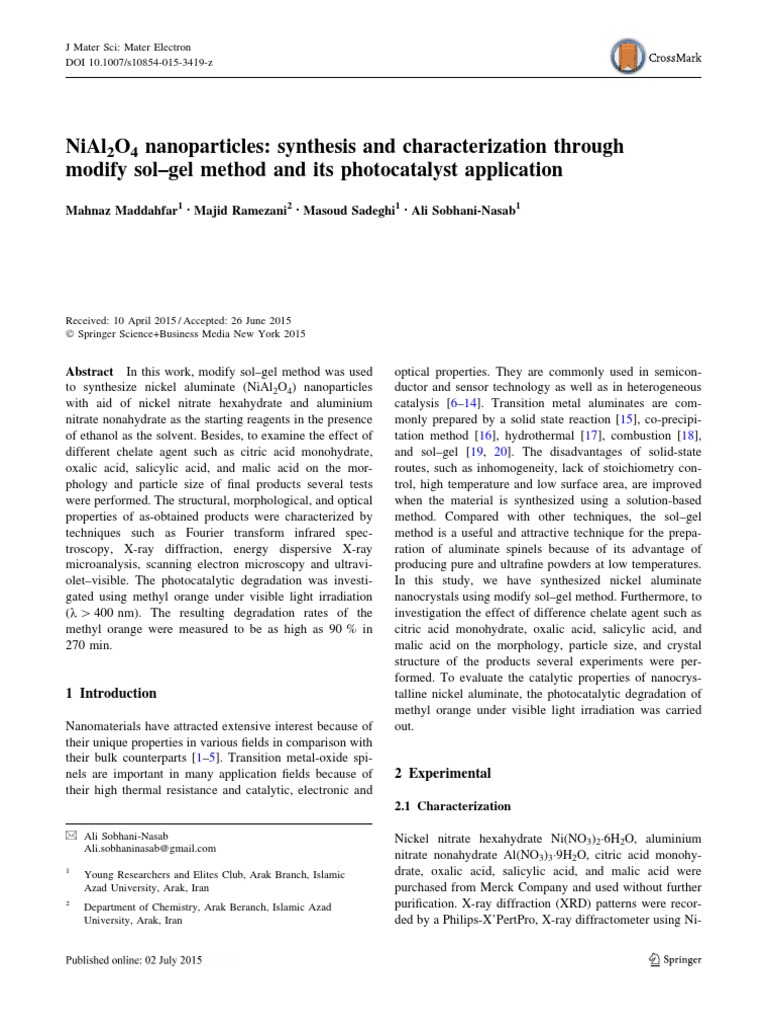 NiFe2O4 Nanoparticles Synthesis and Characterization Through Modify Sol ...