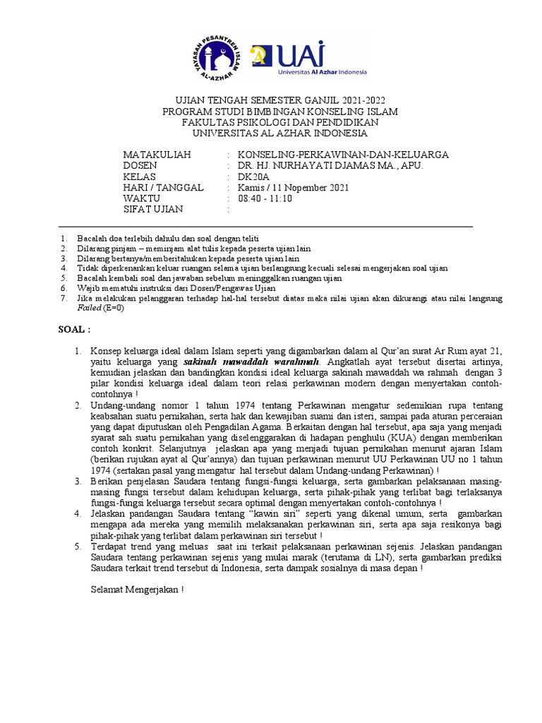Soal - UTS - DK20A - Konseling-Perkawinan-dan-Keluarga 2021-2022 | PDF