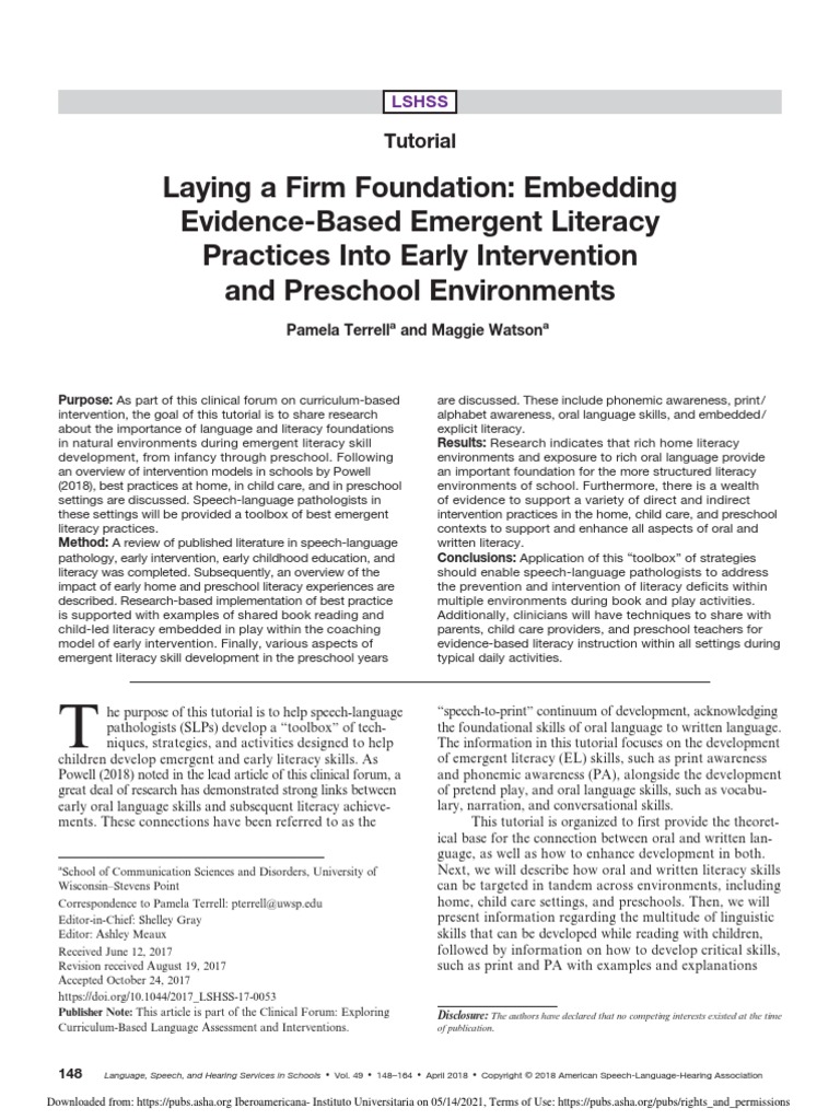Laying A Firm Foundation: Embedding Evidence-Based Emergent Literacy ...