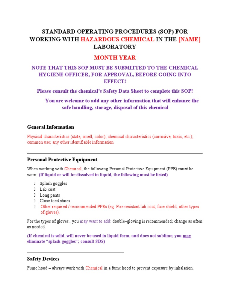 SOP Template For Chemicals | PDF | Personal Protective Equipment ...