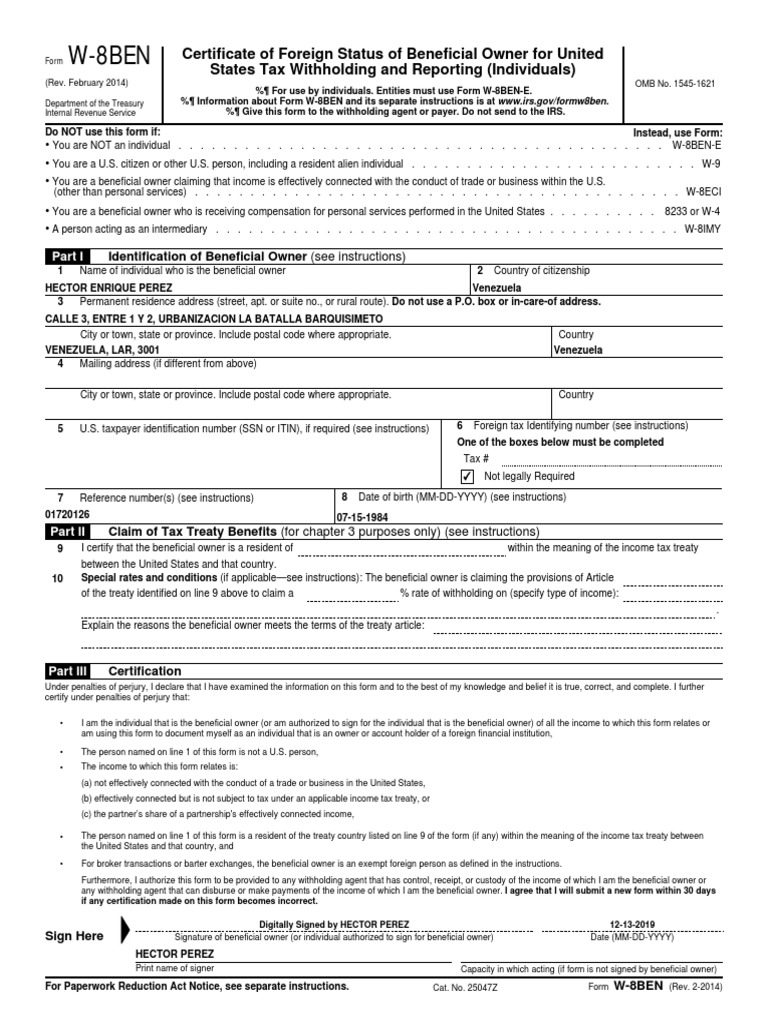 W-8BEN: Certificate of Foreign Status of Beneficial Owner For United ...