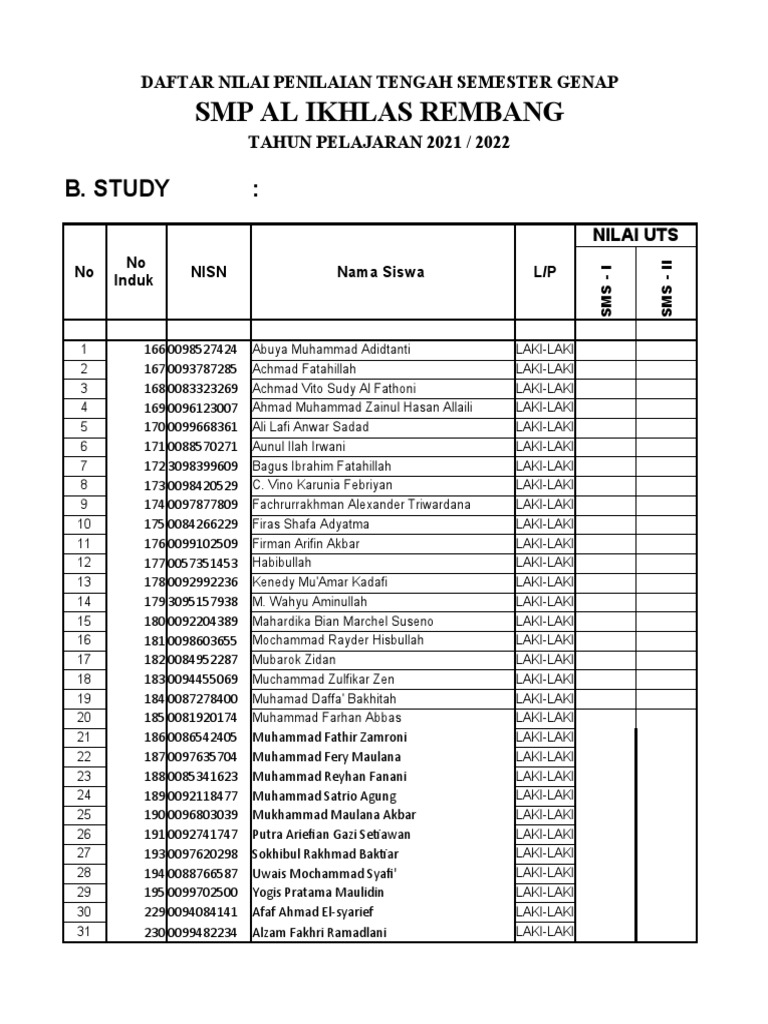 DAFTAR Nilai PTS Ganjil SBD 2021-2022 | PDF