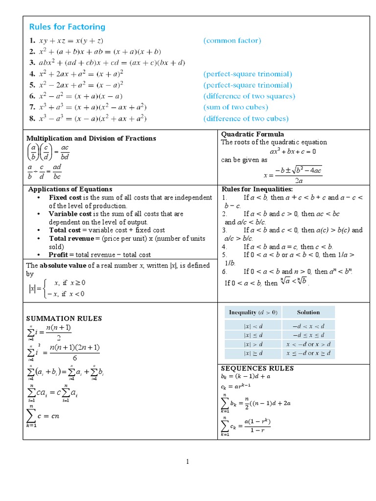 MAT 100 Formula Sheet | PDF | Summation | Mathematical Analysis