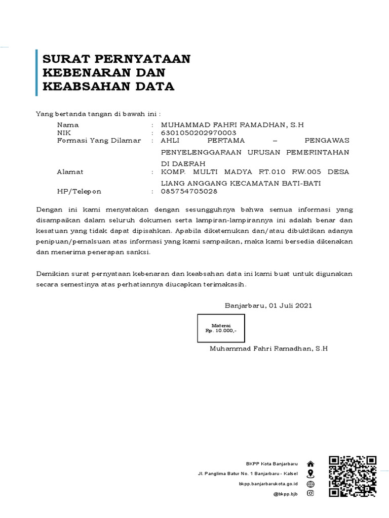 Surat Pernyataan Keabsahan Data CPNS BJB 2 | PDF