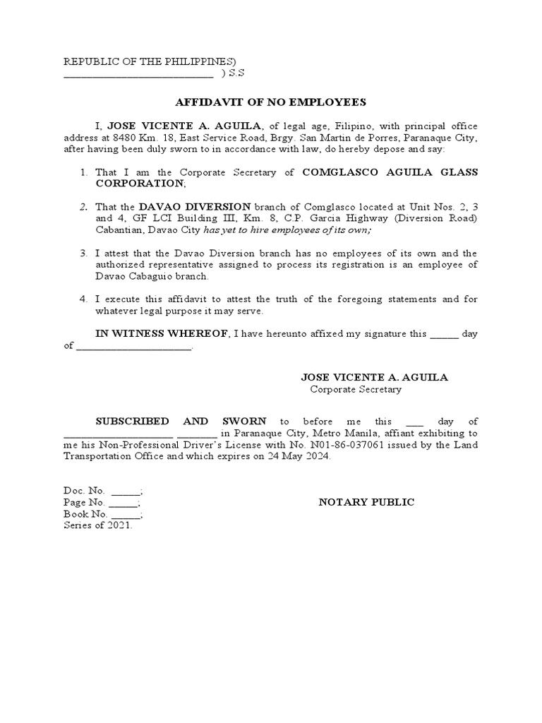 Affidavit of No Employees | PDF
