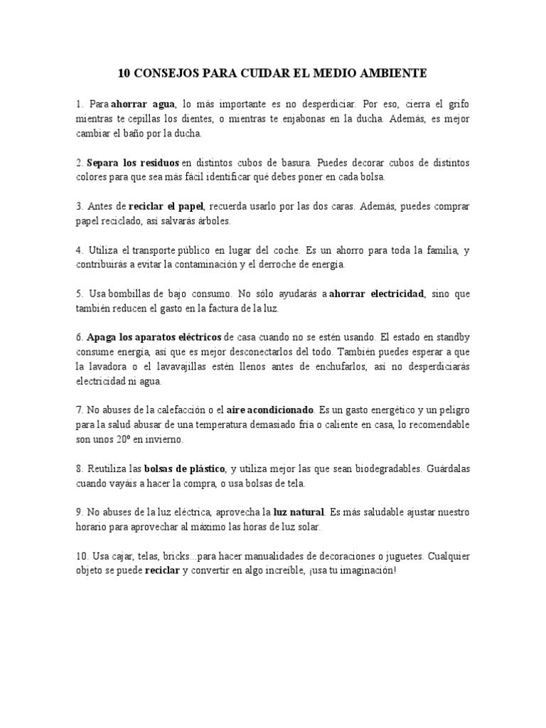 10 Consejos para Cuidar el Medio Ambiente | PDF | Residuos | Reciclaje