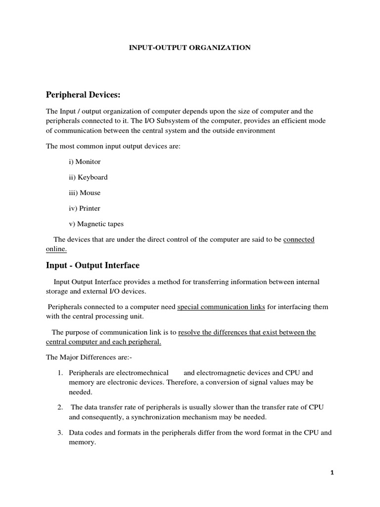 Peripheral Devices Input Output Organization Pdf Input Output Central Processing Unit