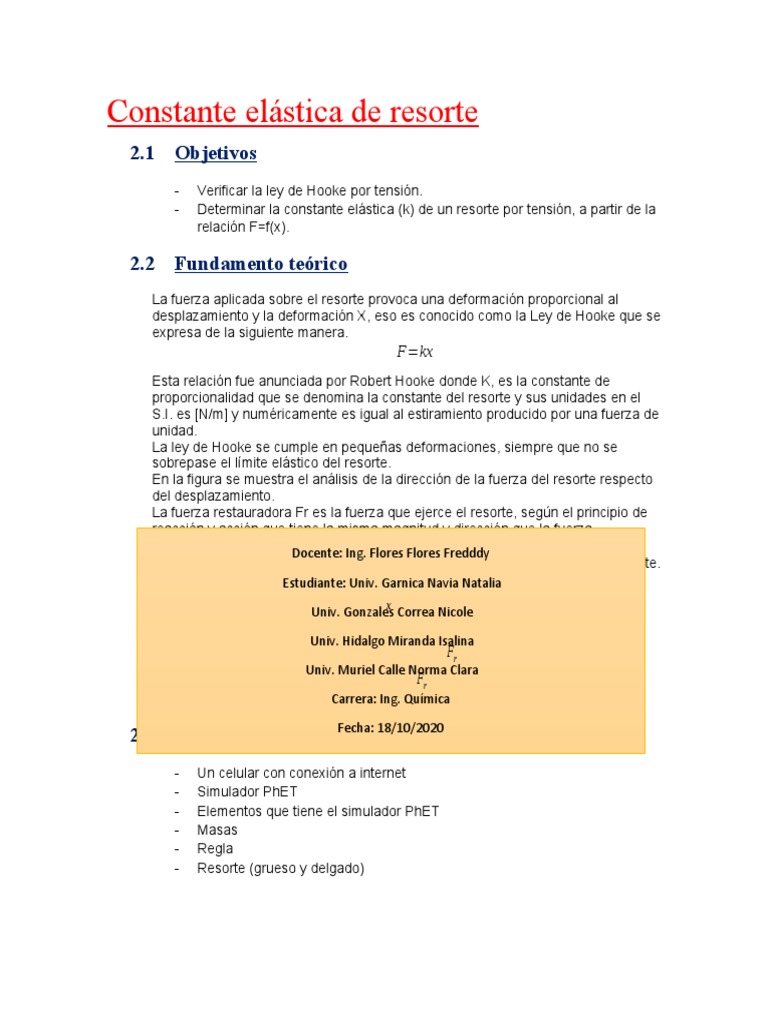 Constante Elastica Del Resorte - LABO DE FISICA 2 | PDF | Fuerza ...