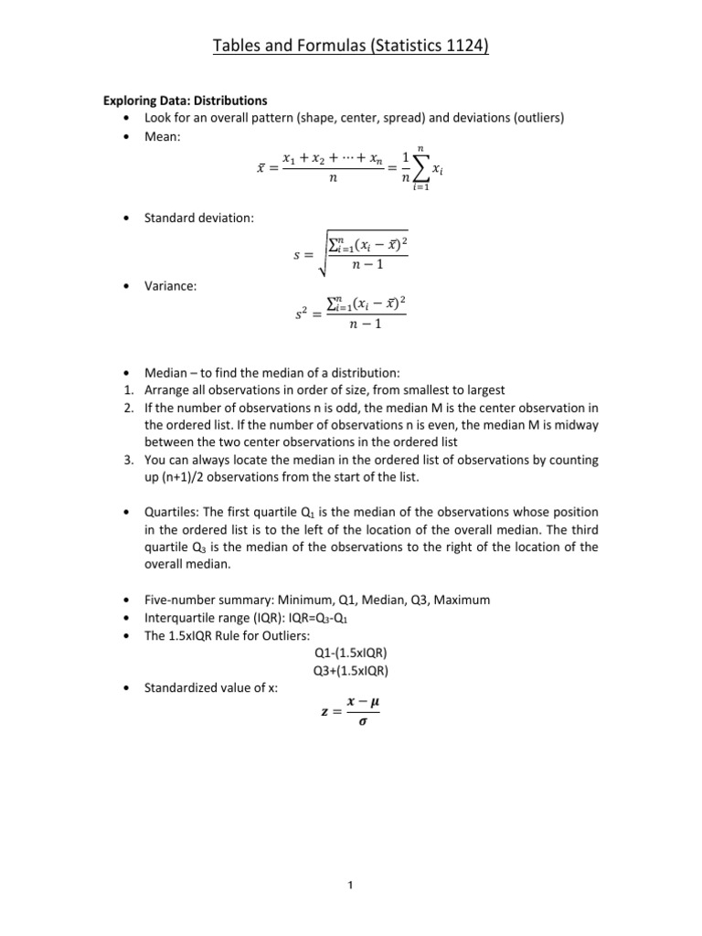 Stat 1124 Tables and Formulas (V. 202110) | PDF | Quartile ...