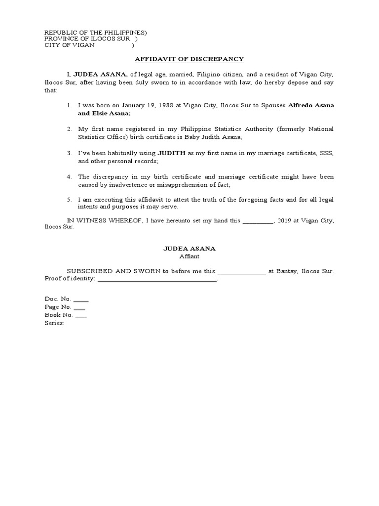 Affidavit of Discrepancy: Republic of The Philippines) Province of ...