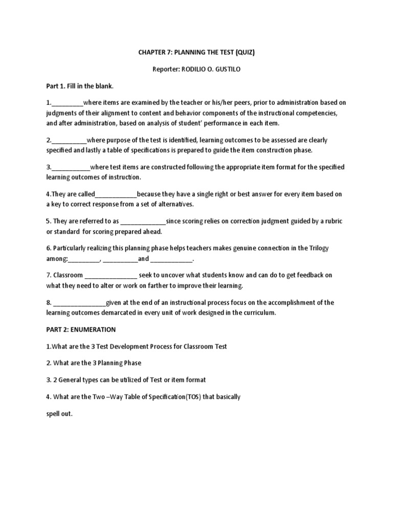 Chapter 7: Planning The Test (Quiz) | PDF