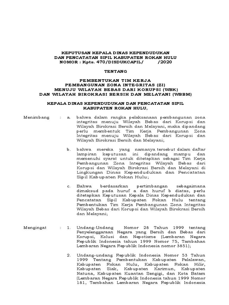 Sk Tim Kerja Zona Integritas Capil Pdf