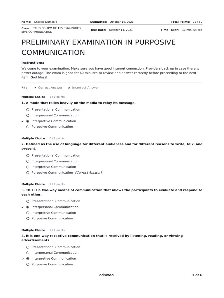 Sample PRELIMINARY EXAMINATION IN PURPOSIVE COMMUNICATION | PDF ...