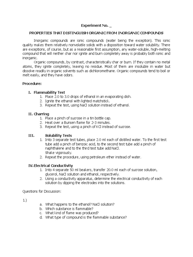 Distinguishing the Properties of Organic and Inorganic Compounds ...