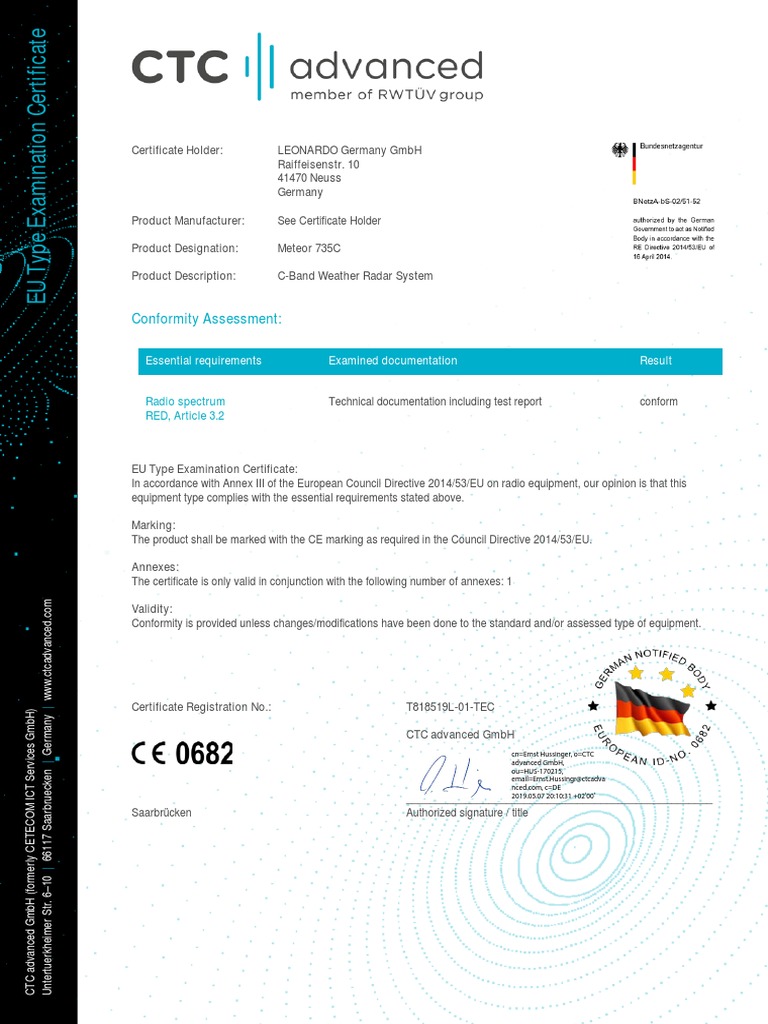 EU Type Examination Certificate for Meteor 735C | PDF | Radar | Antenna ...
