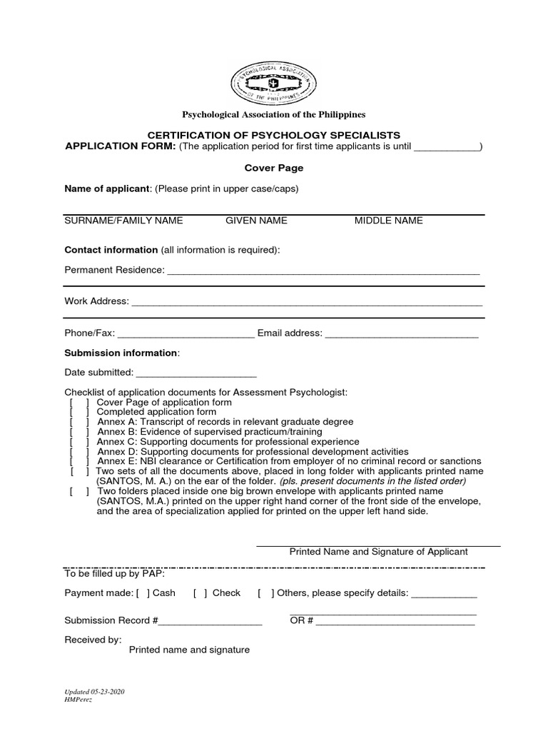 Certification of Psychology Specialists Application Form: Cover Page ...