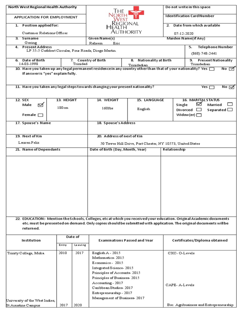 Application For Employment: North West Regional Health Authority | PDF ...