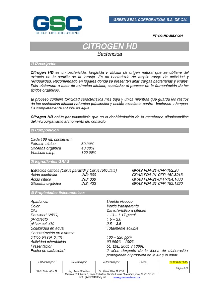 Ficha Técnica Citrogen HD | PDF | Las bacterias | Salmonela
