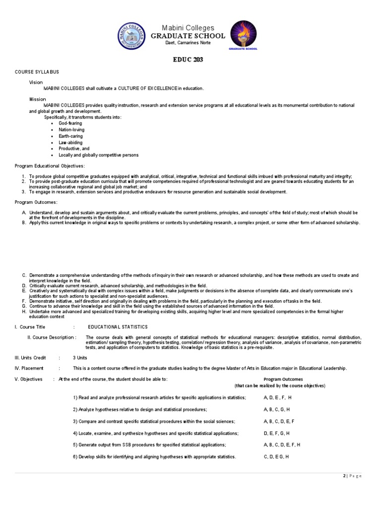 Educ 203 Syllabus | PDF | Statistics | Correlation And Dependence