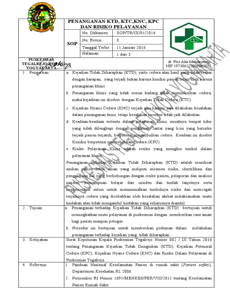 9.1.1.6 TR SOP Penanganan KTD KTC KNC KPC Dan Risiko Pelayanan | PDF