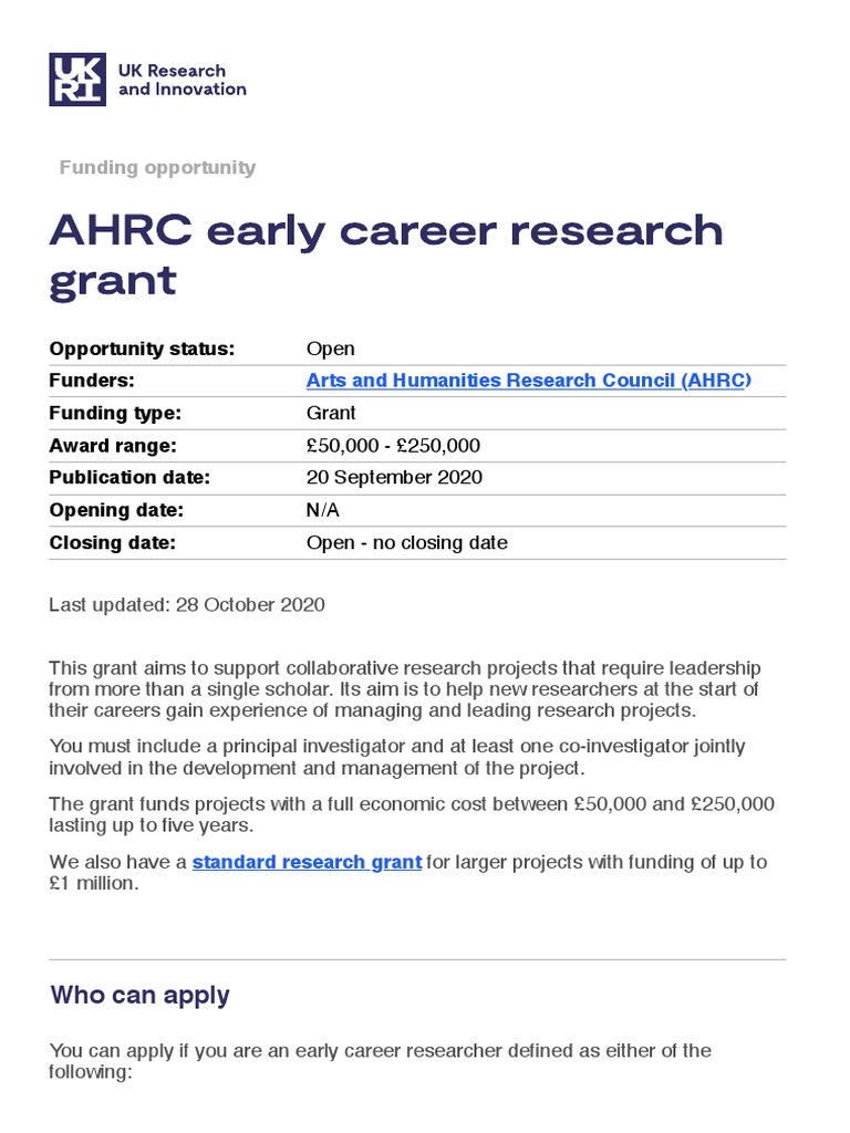 AHRC Early Career Research Grant - UKRI | PDF | Cognition