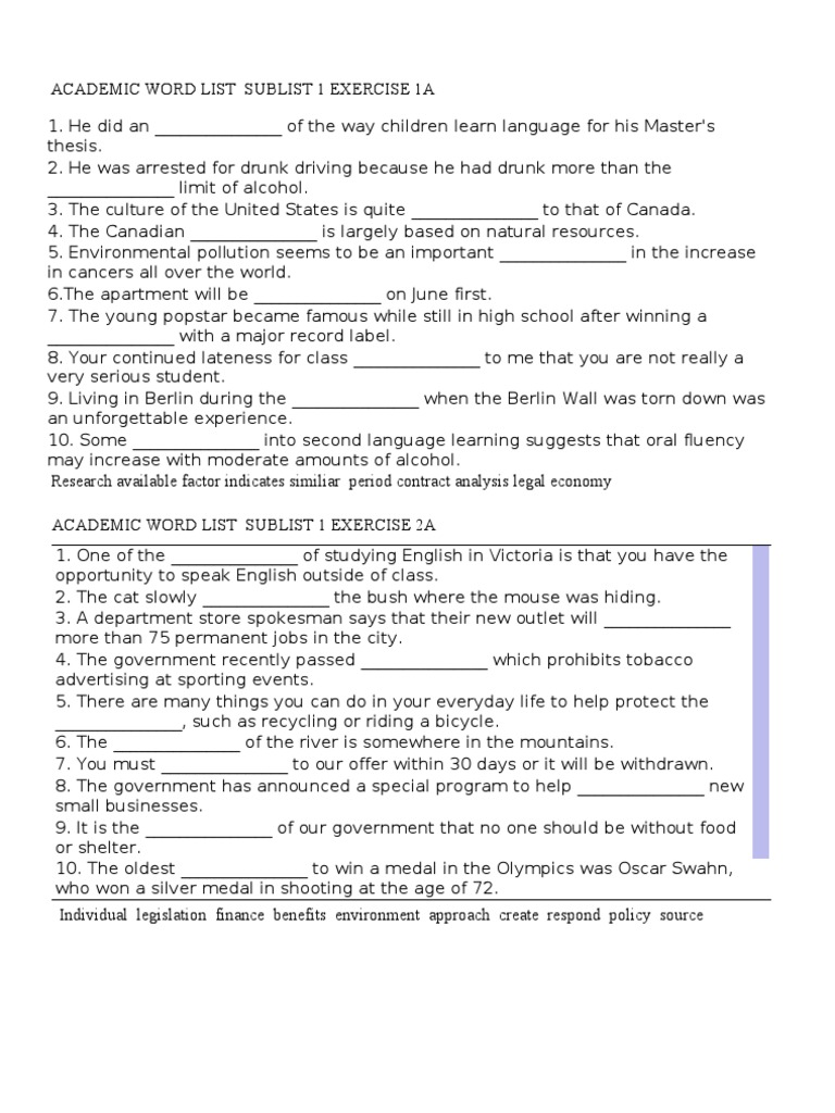 AWL Sublist 1 Exercises | PDF