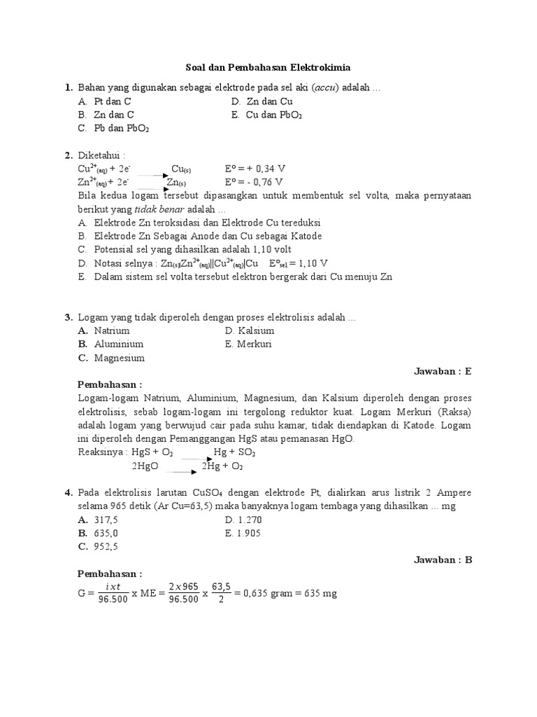 Soal Elektrokimia Dan Elektrolisis | PDF